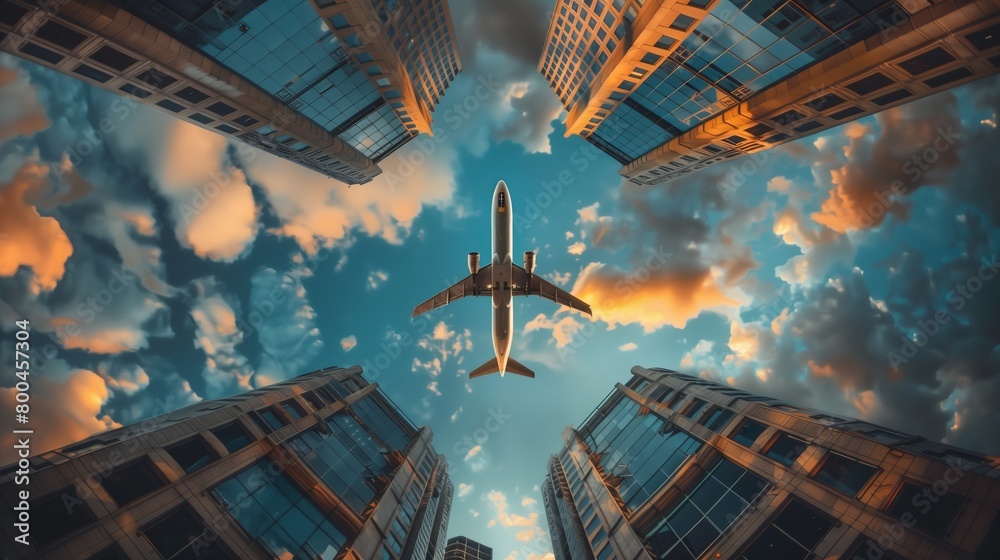 Business towers with fisheye lens effect, view from below of the blue ...