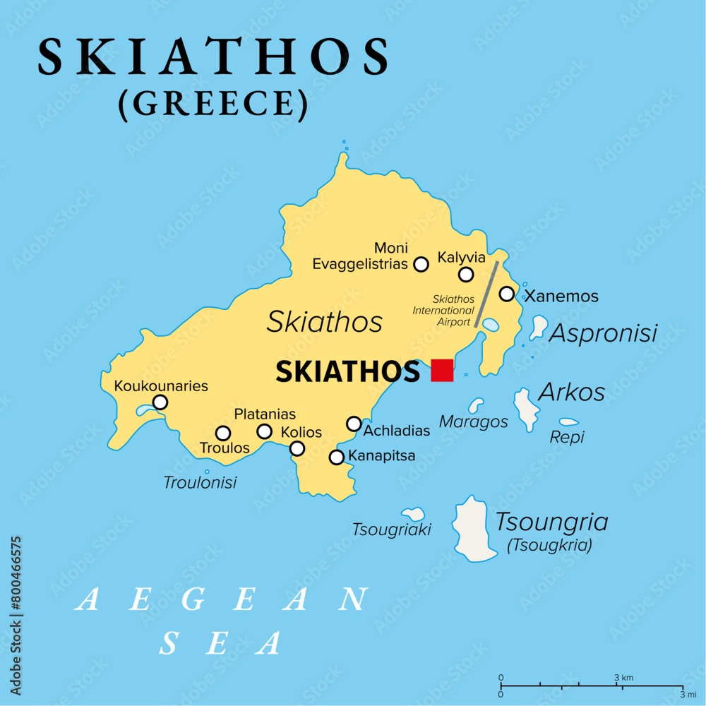 Skiathos, small Greek island, political map. Island in the Aegean Sea ...