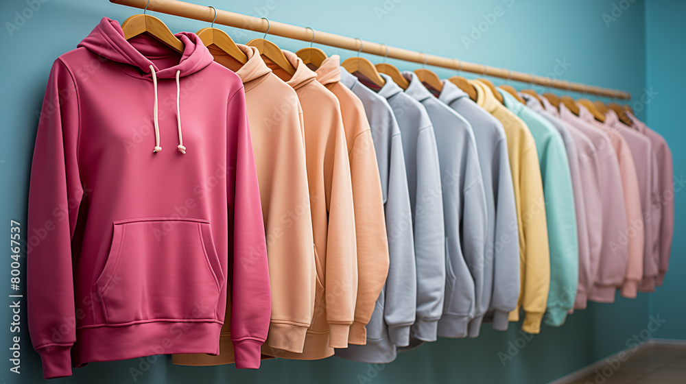 Une collection de sweats à capuche de couleur pastel sur fond bleu ...