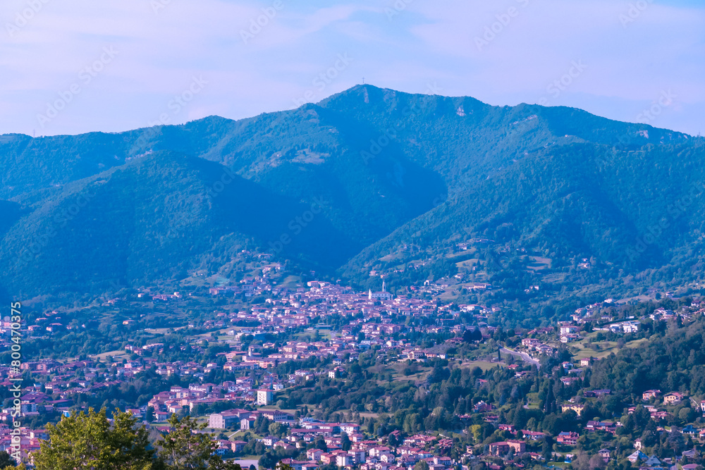 Aerial view of historic medieval walled city of Bergamo seen from Città ...
