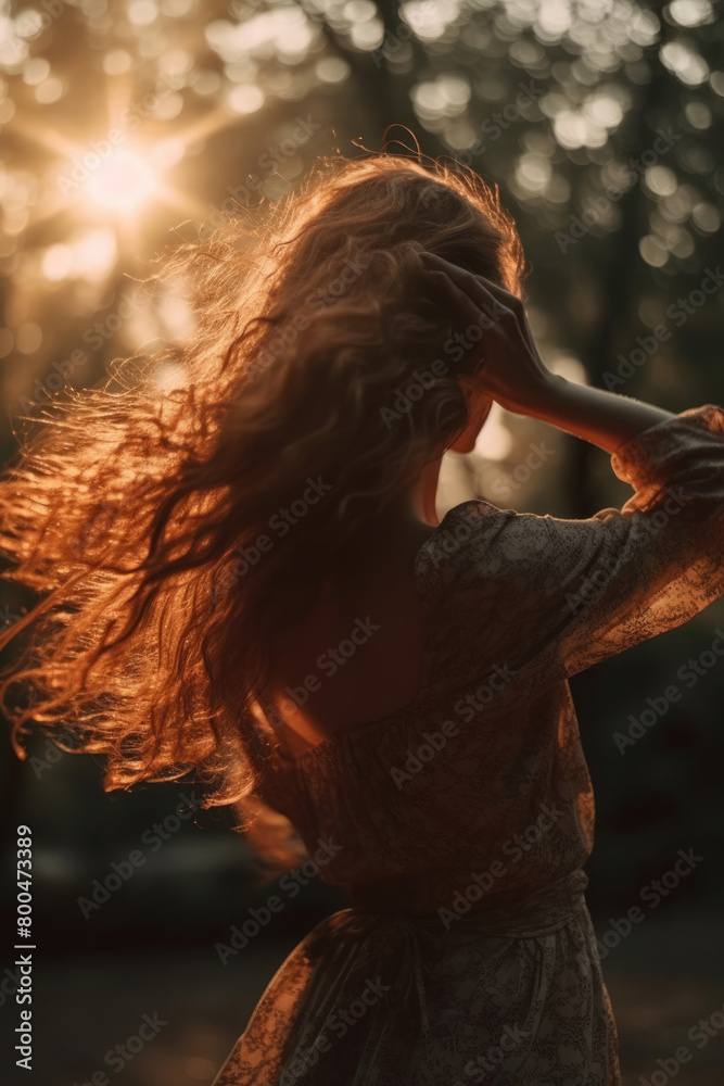 女, 女性, モデル, 女性の後ろ姿, 風, なびく髪, 夕焼け, 逆光, backlight, model, back view, back ...