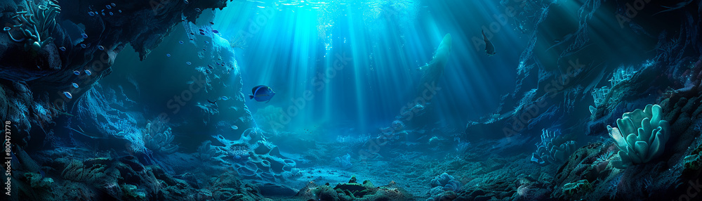 Panoramic underwater landscape of a deep-sea environment with ...