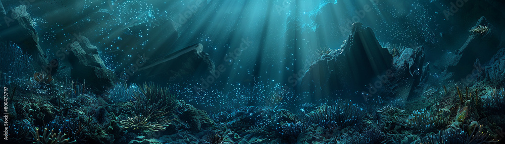 Panoramic underwater landscape of a deep-sea environment with ...