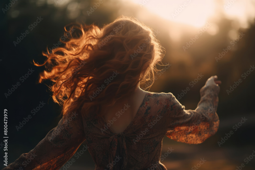 女, 女性, モデル, 女性の後ろ姿, 風, なびく髪, 夕焼け, 逆光, backlight, model, back view, back ...