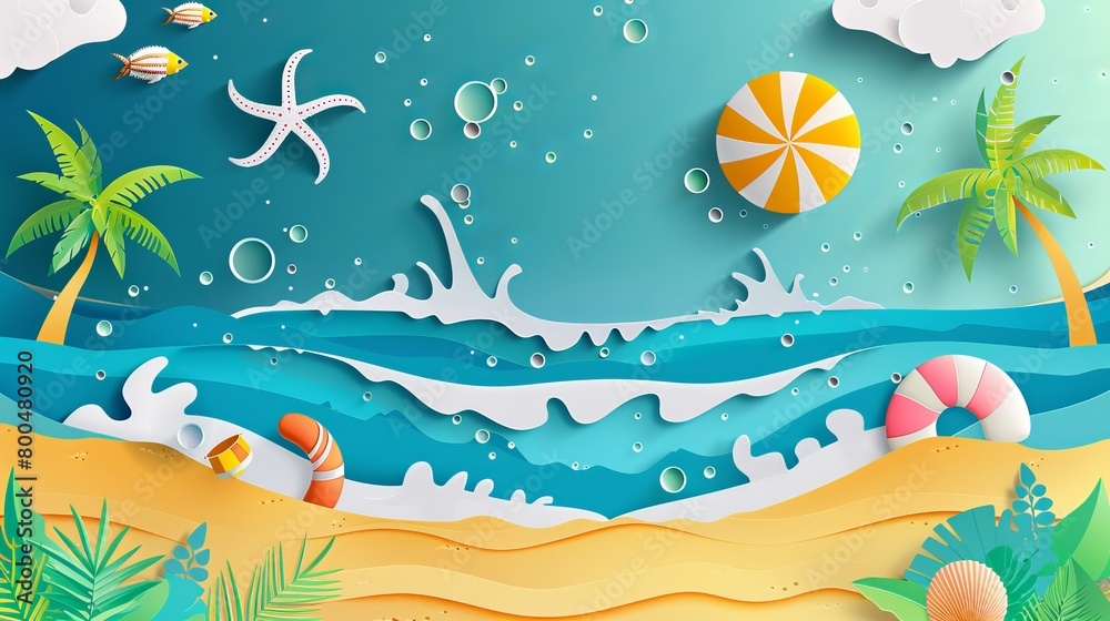 Abstract paper art portrayal of a summer sea scenery with splashing ...