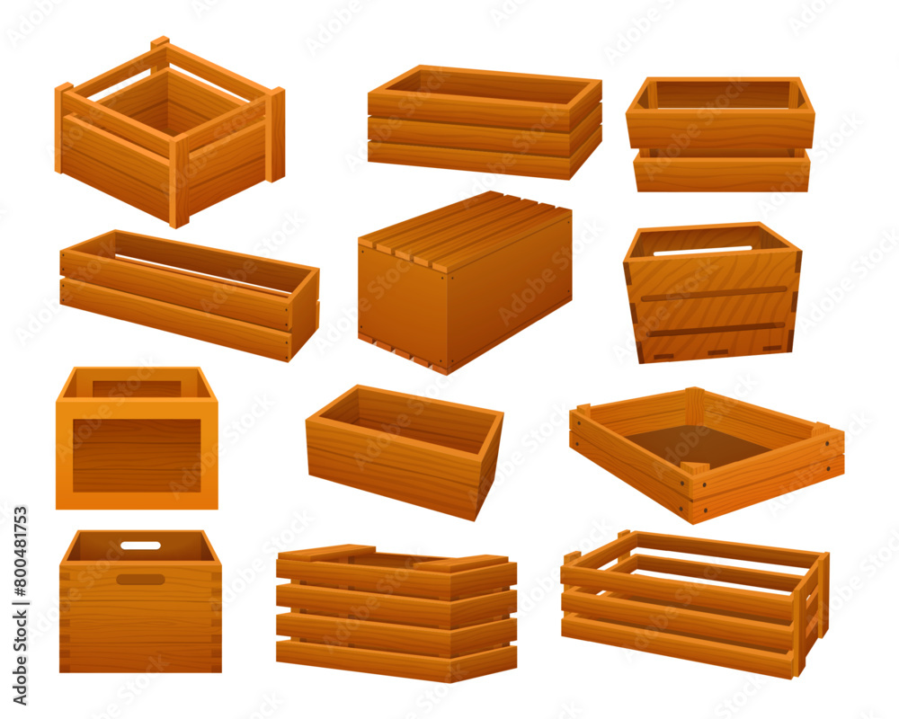 Cartoon wooden containers. Delivery containers, empty wood boxes and ...