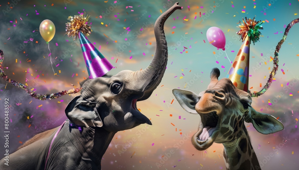 Elephant and giraffe celebrating with party hats and confetti. Stock ...