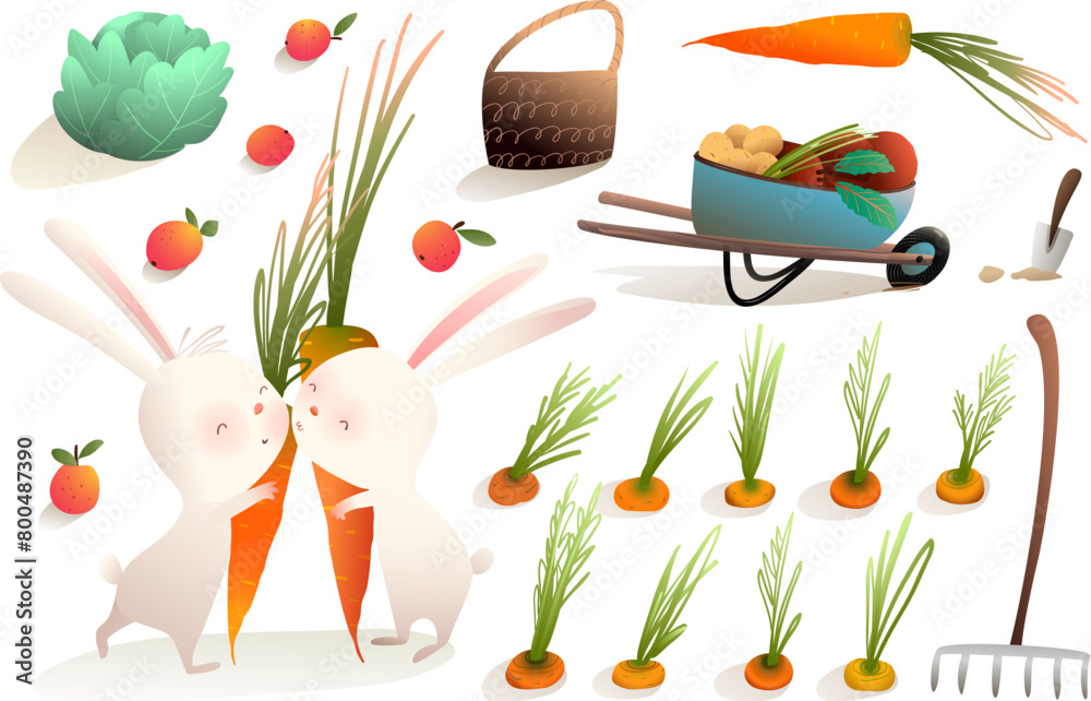 Rabbits or bunnies farmers couple harvesting vegetables carrots and ...