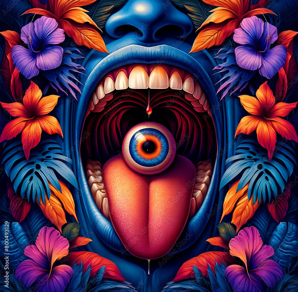 A colorful painting of a mouth with a large eye in the center. The ...