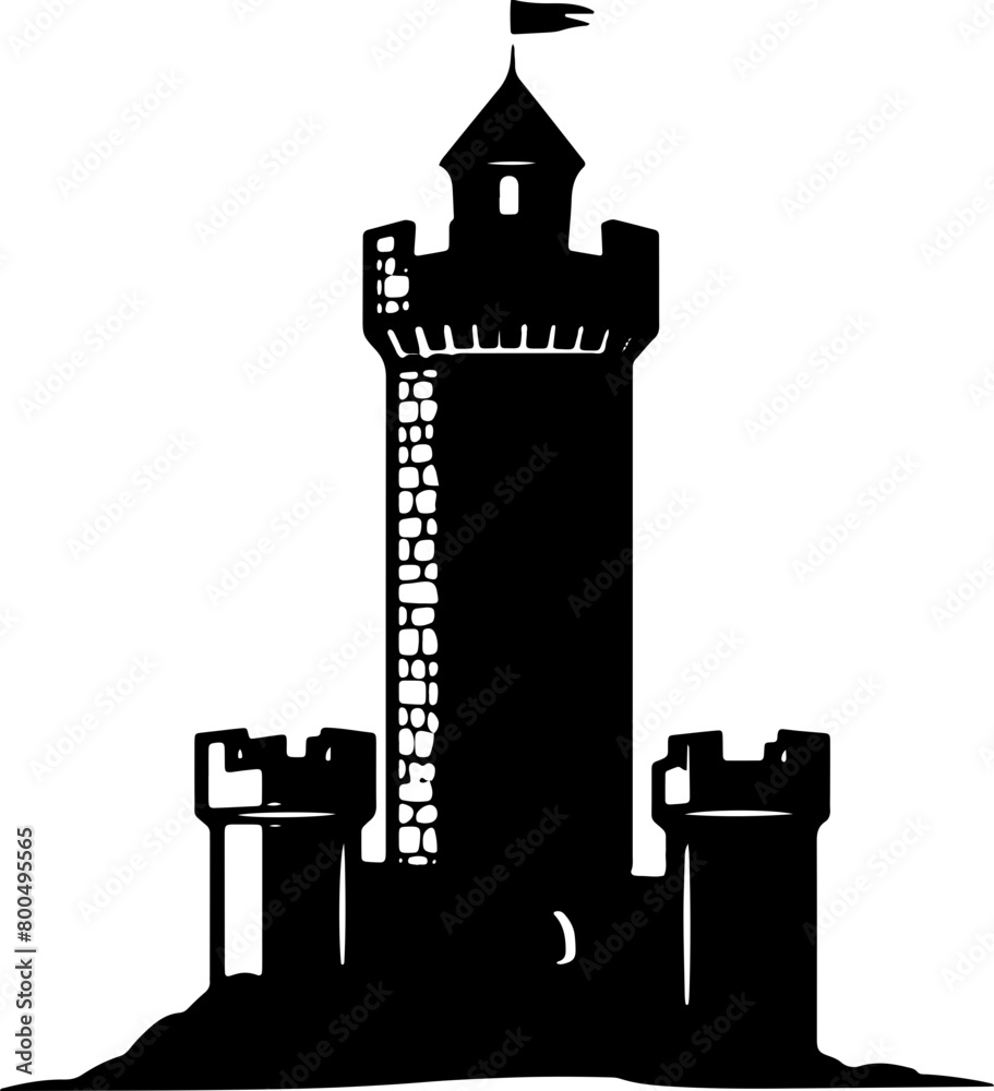 This silhouette of a classic castle with turrets and ramparts is ideal ...