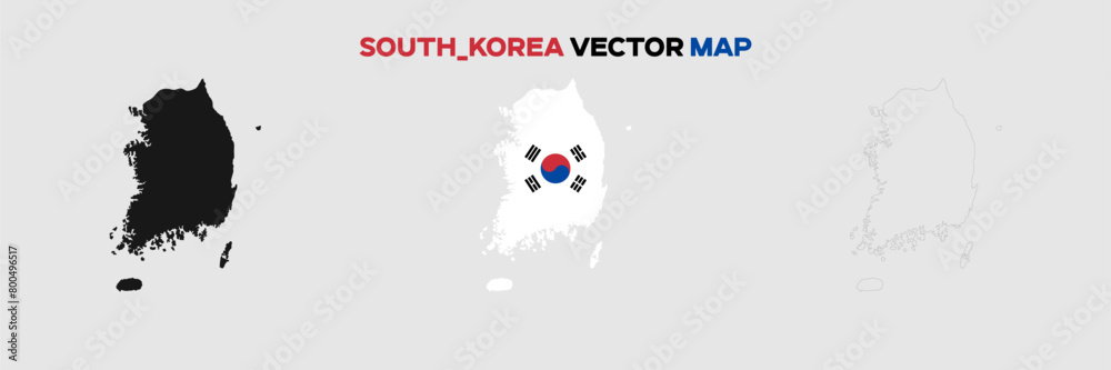 South Korea Map Vector Pack. Map with Flag. Gray Map Silhouette. Gray ...