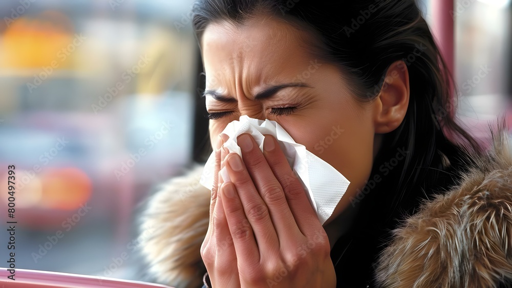 Woman on bus using tissue to blow her nose . Concept Public ...