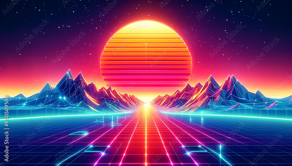 Retro background futuristic landscape 1980s style. Digital retro ...