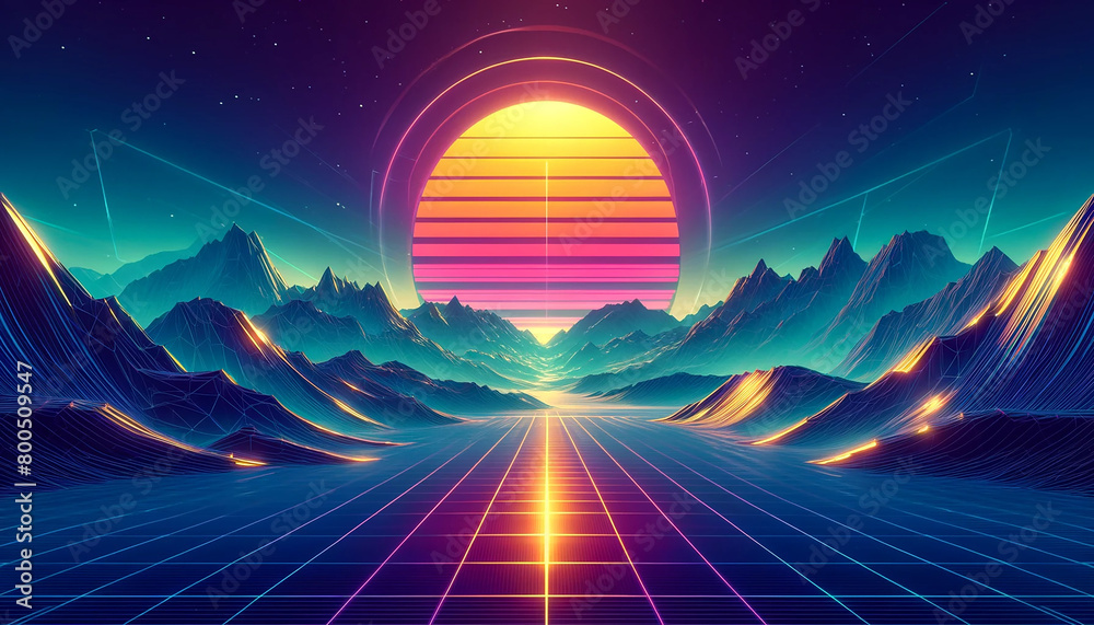 Retro background futuristic landscape 1980s style. Digital retro ...