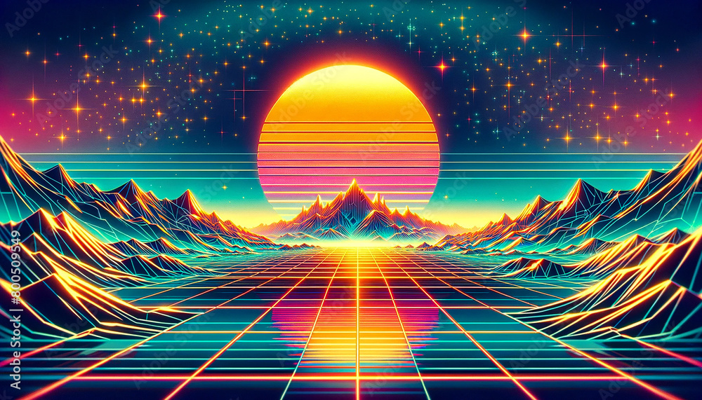 Retro background futuristic landscape 1980s style. Digital retro ...