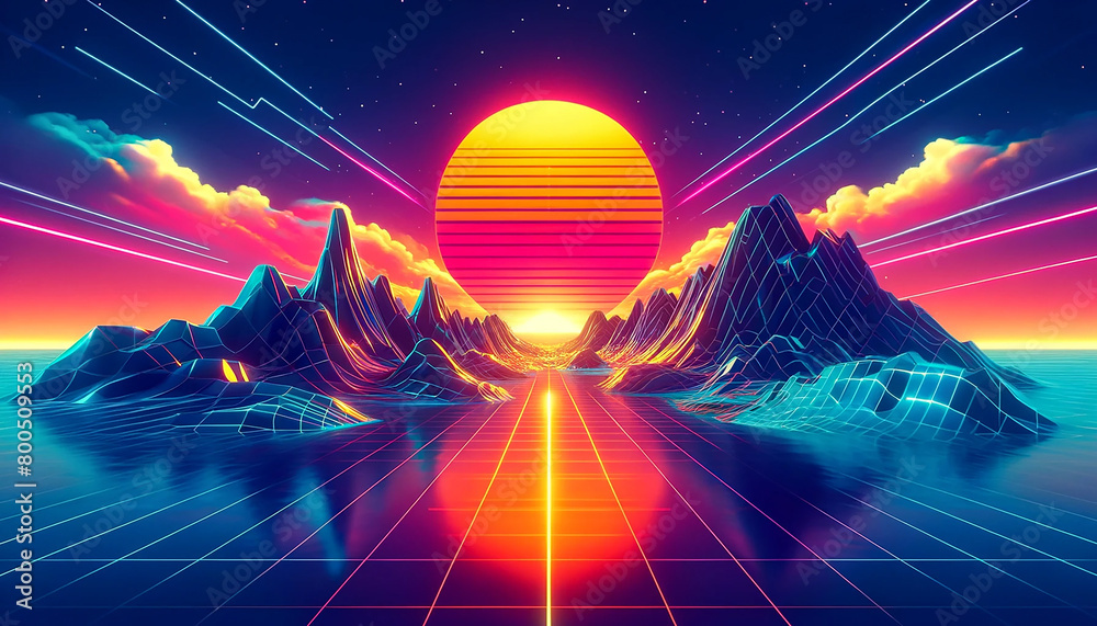 Retro background futuristic landscape 1980s style. Digital retro ...