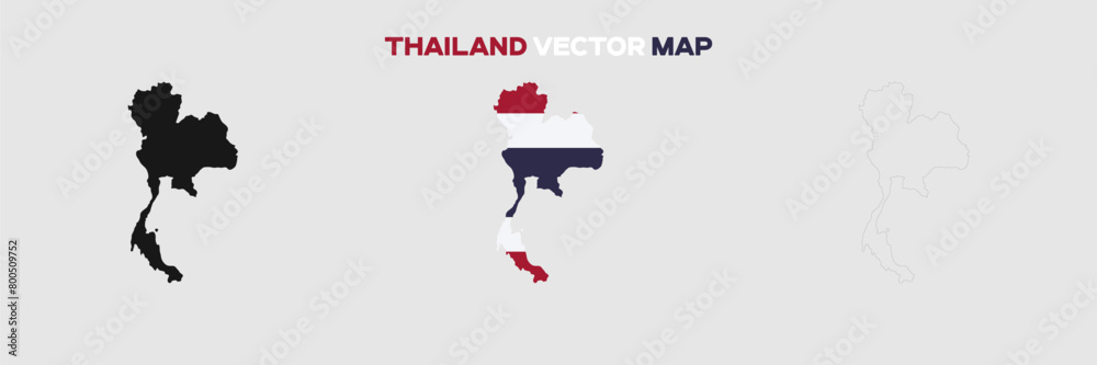 Thailand Map Vector Pack. Map with Flag. Gray Map Silhouette. Gray ...