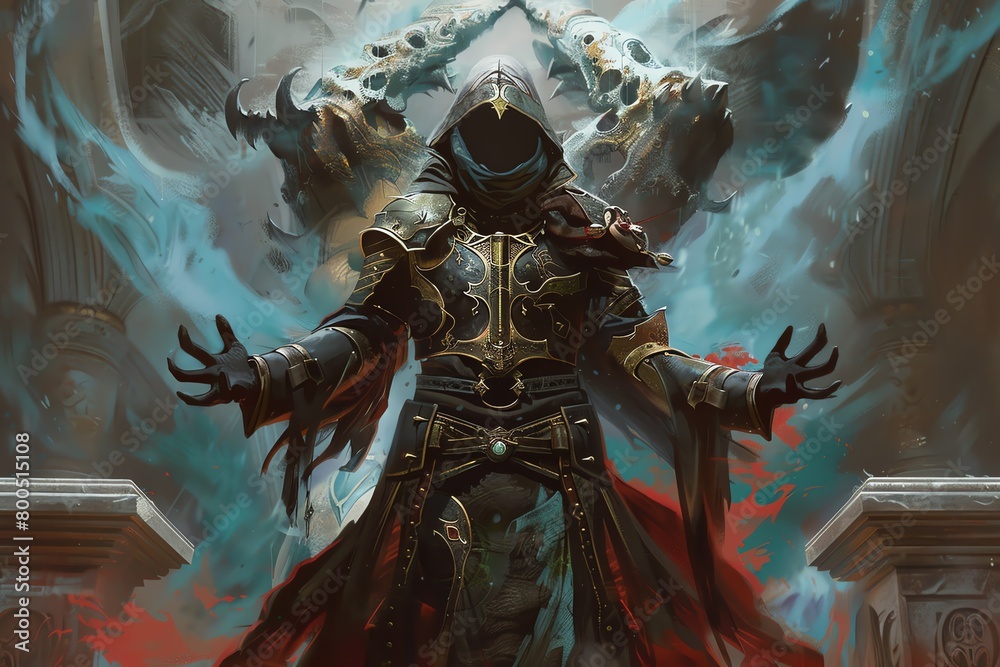 A dark figure in a black cloak stands in a ruined temple, surrounded by ...