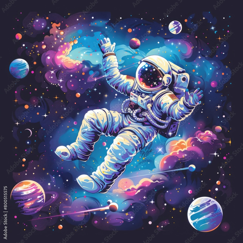 a cartoon stylized astronaut floating in space with a constellation of ...