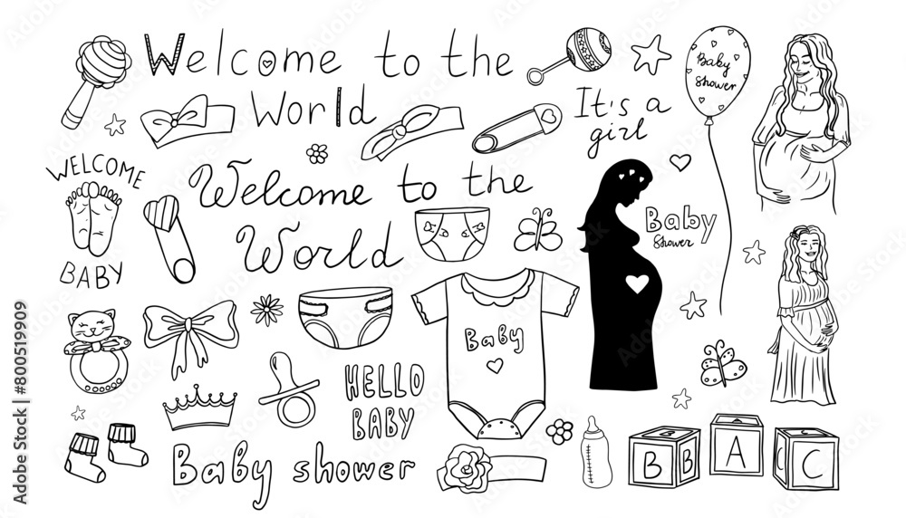 Set of cute baby shower elements in doodle style. Baby shower girl ...