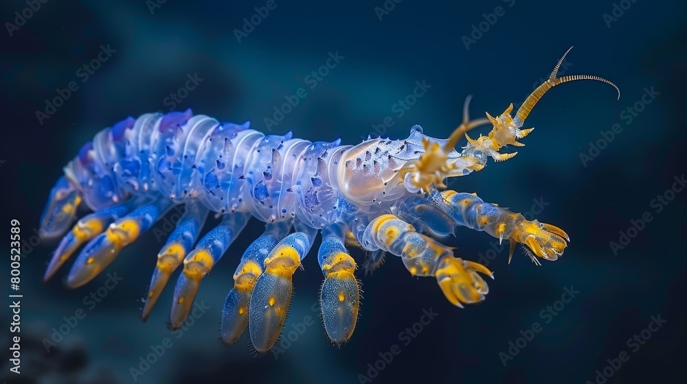 A detailed view of a jellyfish, displaying yellow and blue stripes on ...
