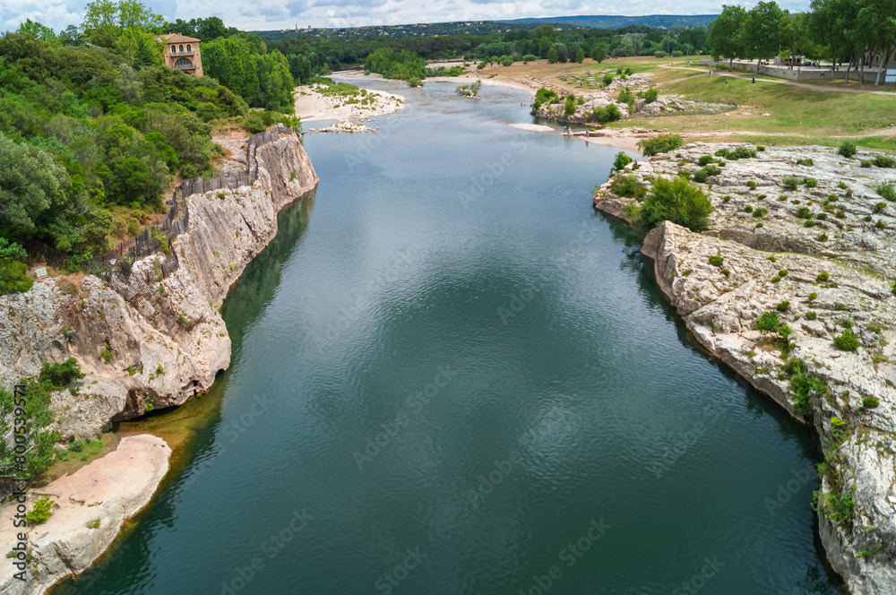Panoramic view of River Gardon seen from ancient old Roman Aqueduct ...