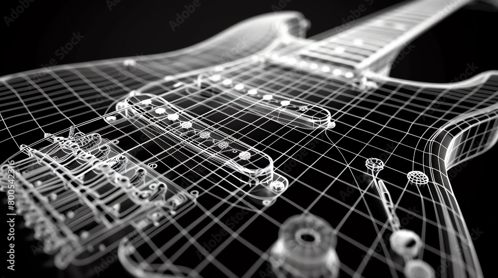 High-resolution mesh wireframe of an electric guitar, detailing strings ...