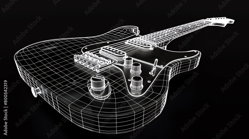 High-resolution mesh wireframe of an electric guitar, detailing strings ...