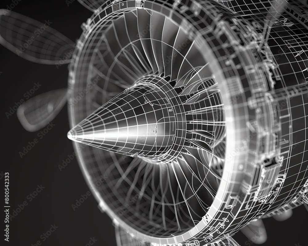 High-resolution mesh wireframe of a jet engine, detailing blades and ...