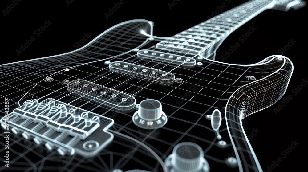 High-resolution mesh wireframe of an electric guitar, detailing strings ...