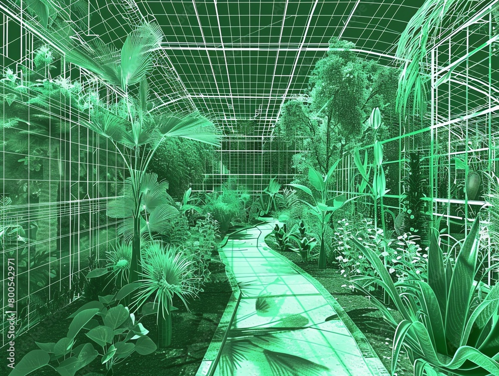 Interactive mesh wireframe of a botanical garden, including plant ...