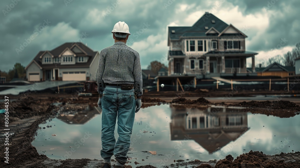 an engineer dressed in jeans and a shirt, donning a white helmet ...