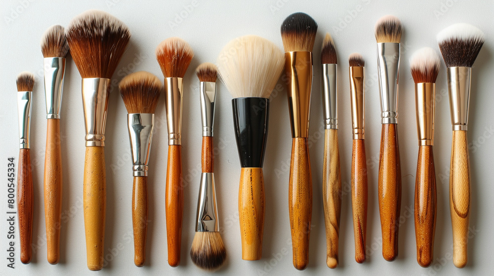 A collection of makeup brushes, on a white background. The brushes are ...