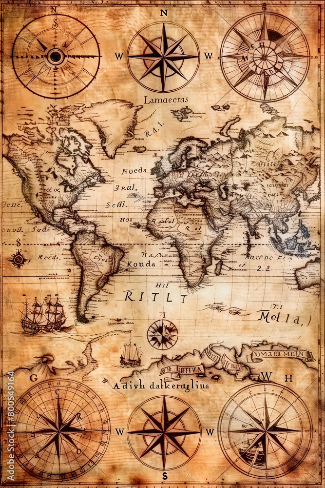Vintage map of the world with wind rose and compass on old paper Stock ...