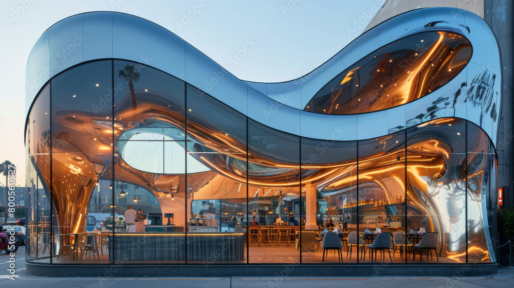 Exterior architecture of a futuristic take-out restaurant is a vision ...