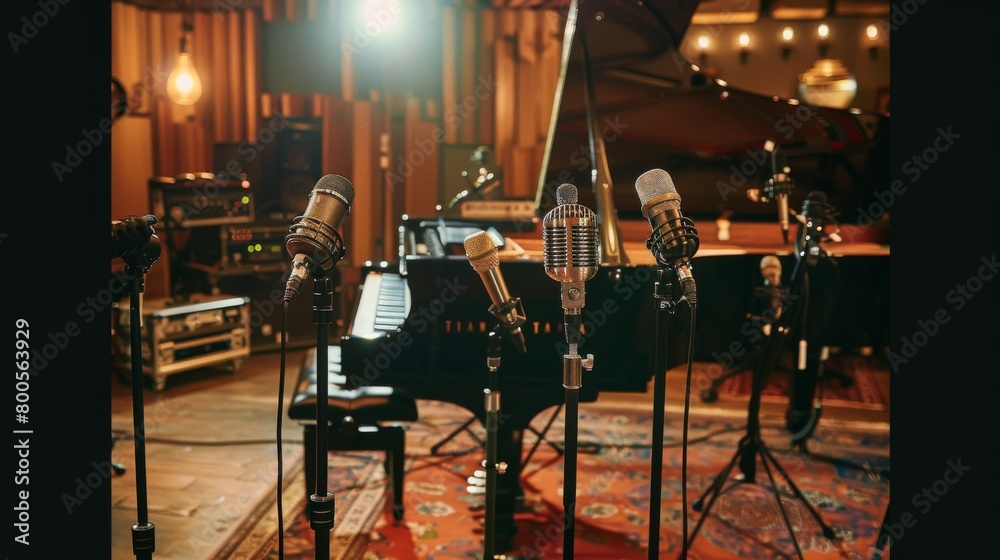 A recording studio setup with multiple microphones arranged around a ...