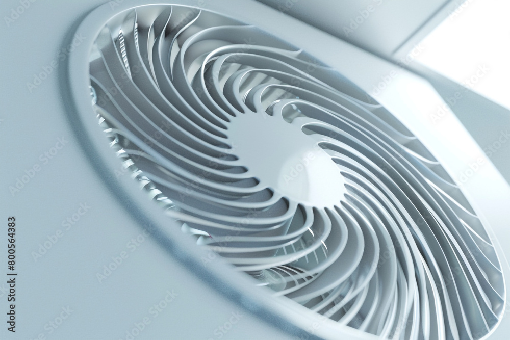 A detailed 3D illustration of a ventilation fan with airflow simulation ...