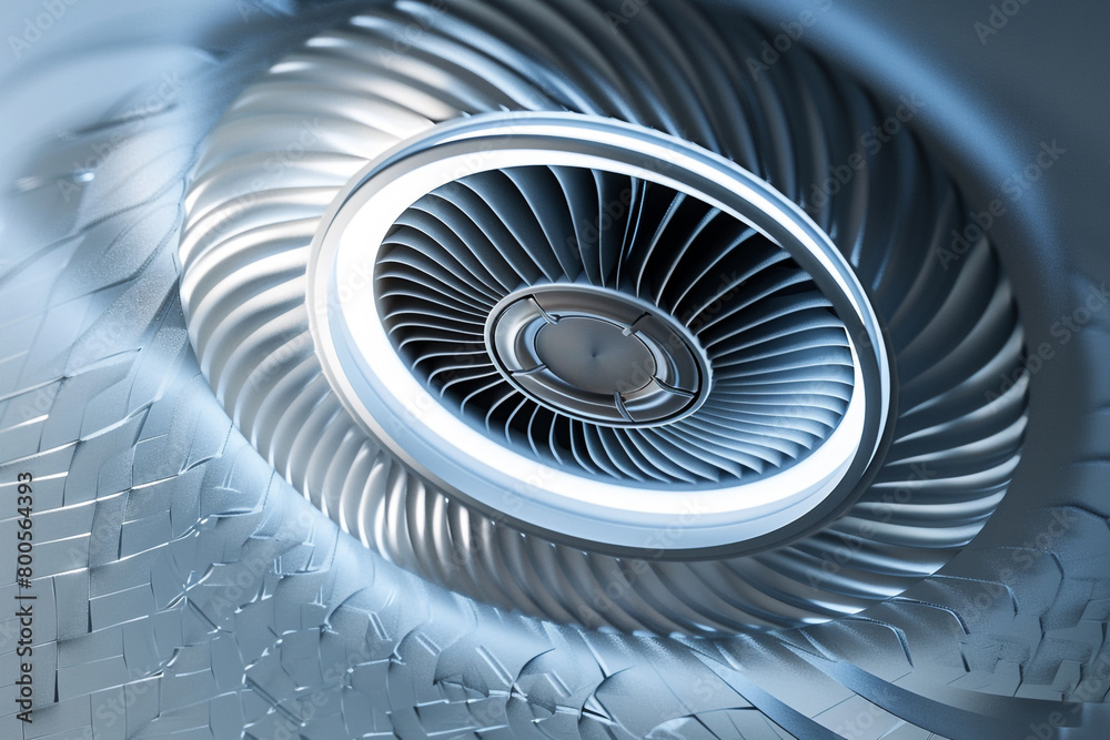 A detailed 3D illustration of a ventilation fan with airflow simulation ...