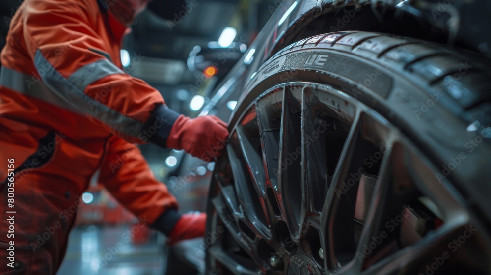 A mechanic performing a tire rotation and inspection, ensuring even ...