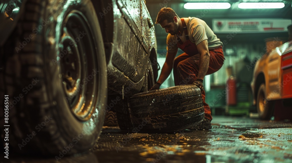 A mechanic performing a tire rotation and inspection, ensuring even ...