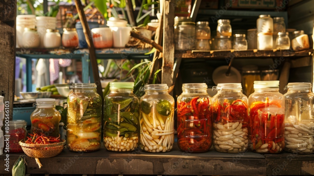 A rustic Thai street food stall with jars of pickled garlic and chili ...