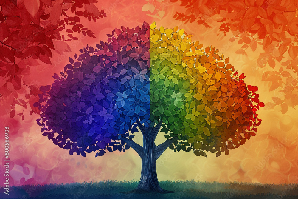 A digital illustration of a tree with leaves in the colors of the pride ...