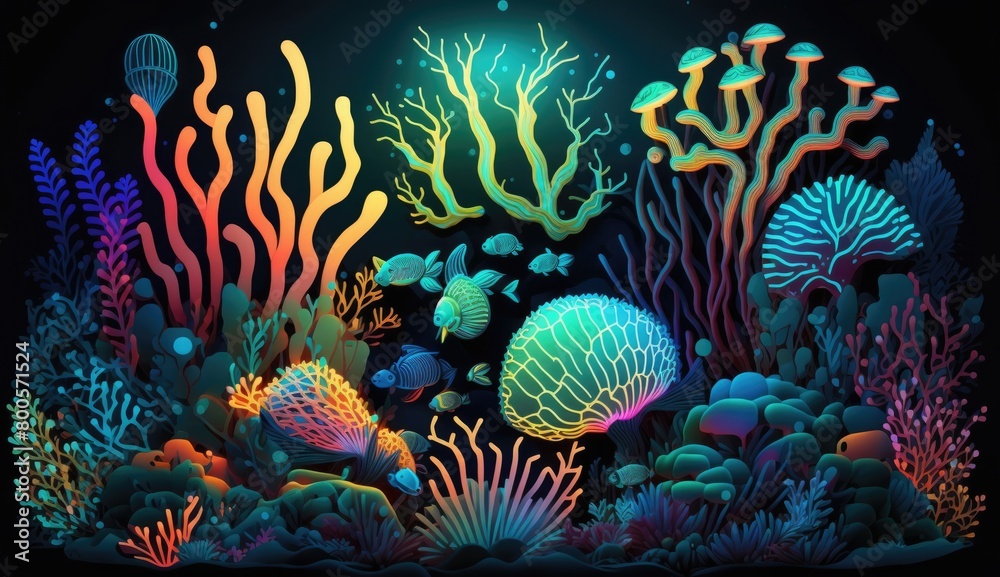 a creative abstract underwater world with glowing corals and sea ...