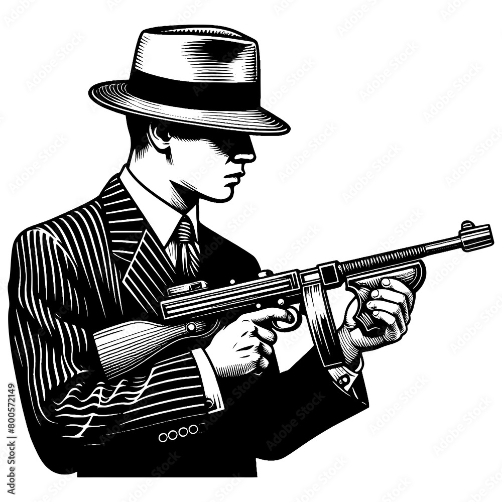 1920s gangster in pinstripe suit, wielding Tommy gun exuding classic ...