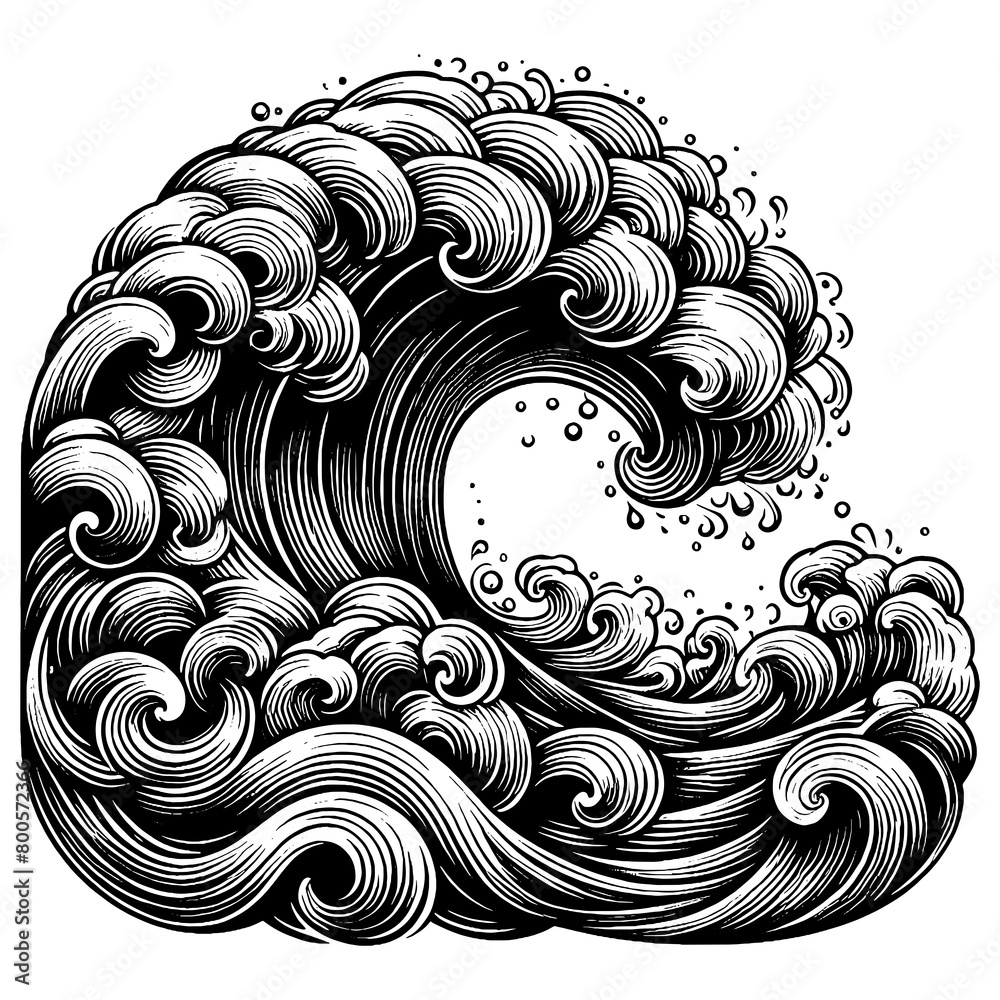 stylized ocean wave with ornate, swirling patterns, capturing the power ...