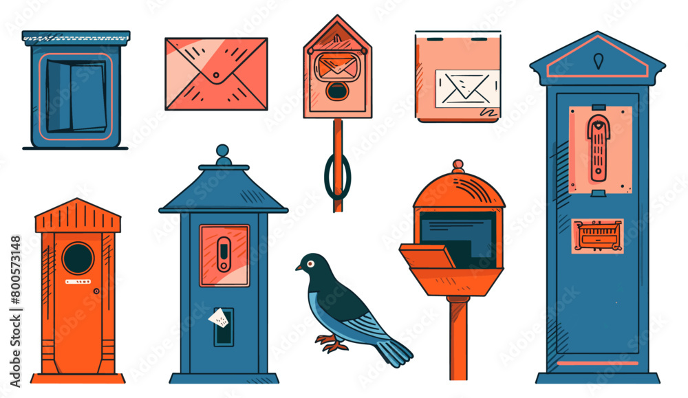 Hand drawn modern Vector illustration of Postal letterboxes set ...