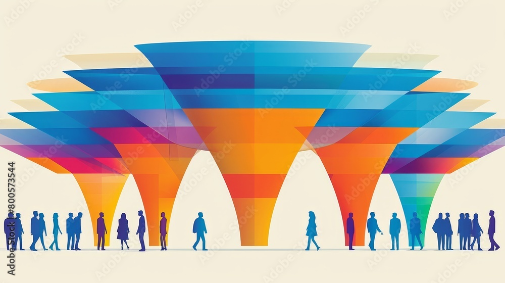 An illustration of a funnel with people walking towards it. The funnel ...