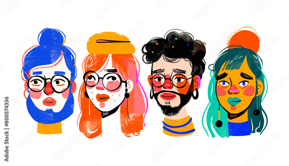 Trendy modern art quirky bright portraits, diverse people, cute funny ...