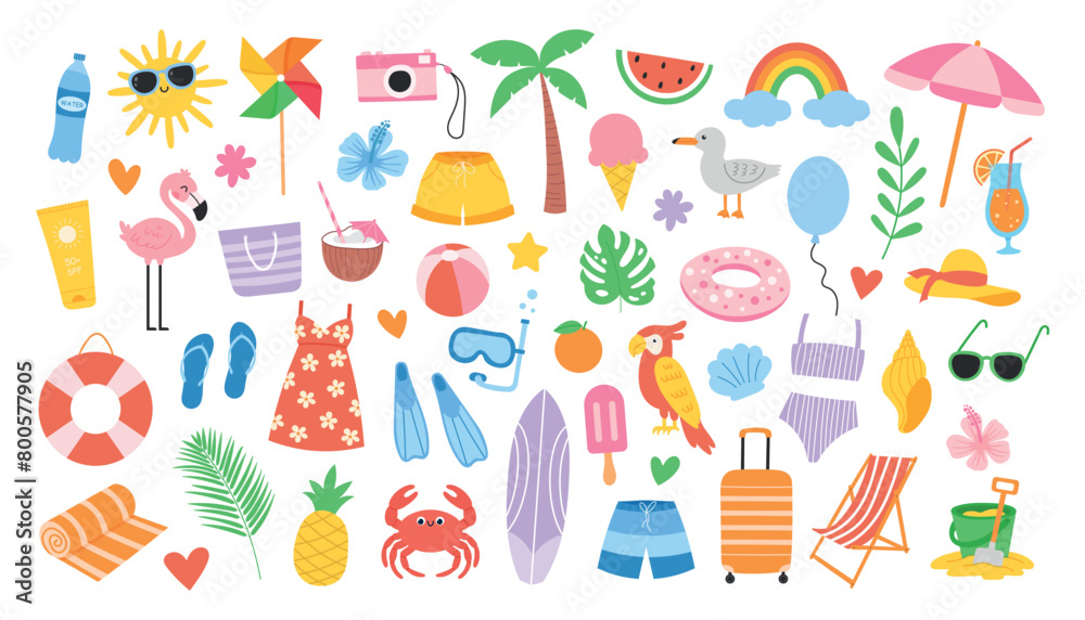 Cute beach set. Summer colorful holiday icons. Hand drawn vector ...