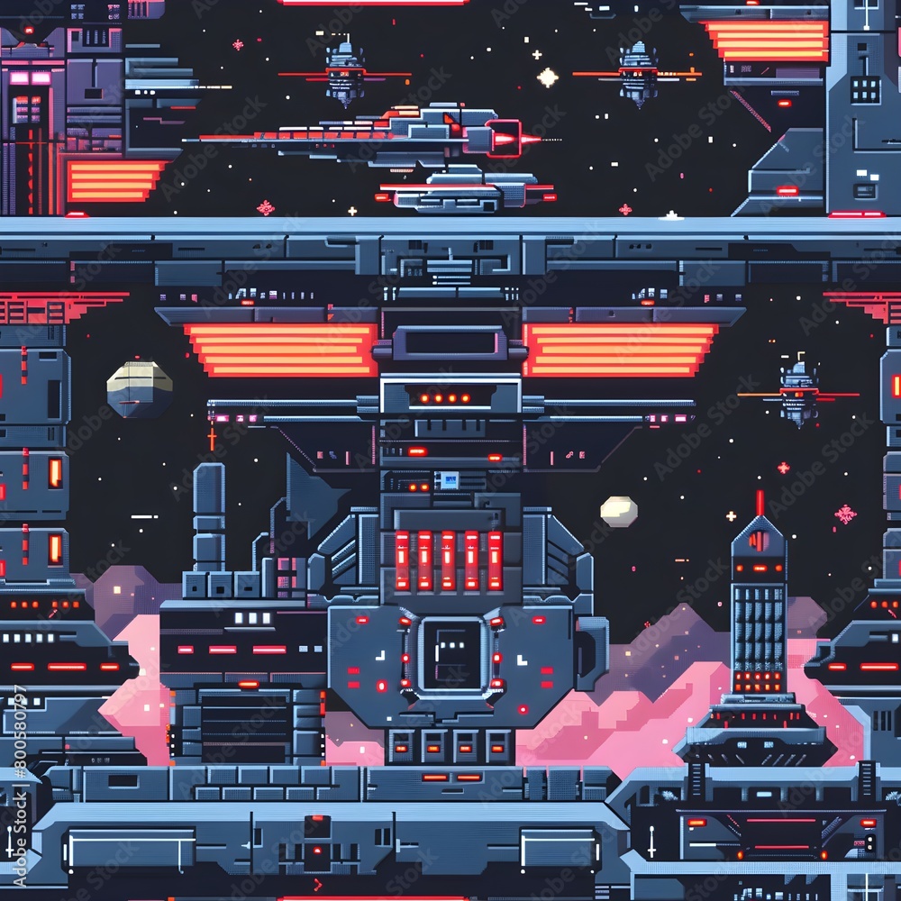 Pixel Art Space Warfare Seamless Pattern with Galactic Stations and ...